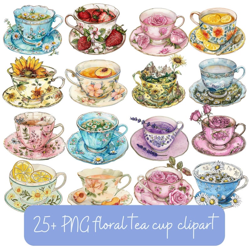 25+ PNG Floral Teacup Clipart, Tea Time Decor, Tea Party Bundle, Tea ...