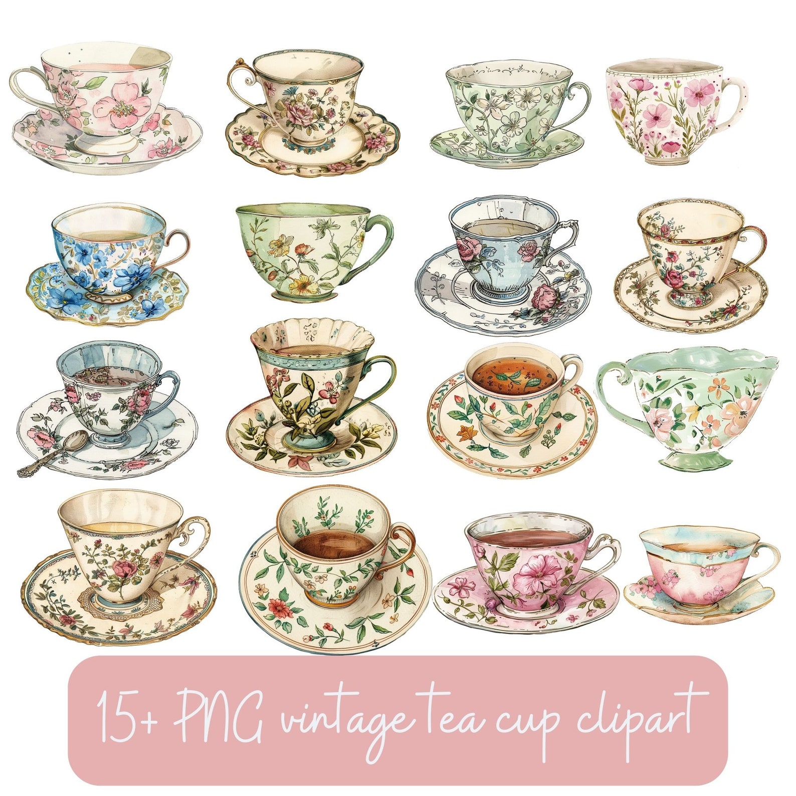 15+ PNG Vintage Teacup Clipart, Tea Time Decor, Tea Party Bundle, Tea ...