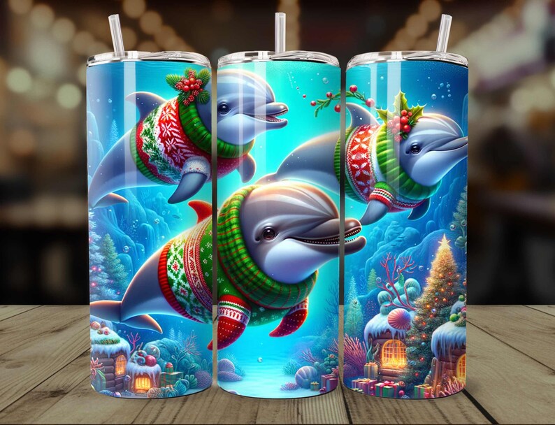 Dolphin Tumbler Wrap, Cute Dolphins Under Ocean Christmas Scene ...