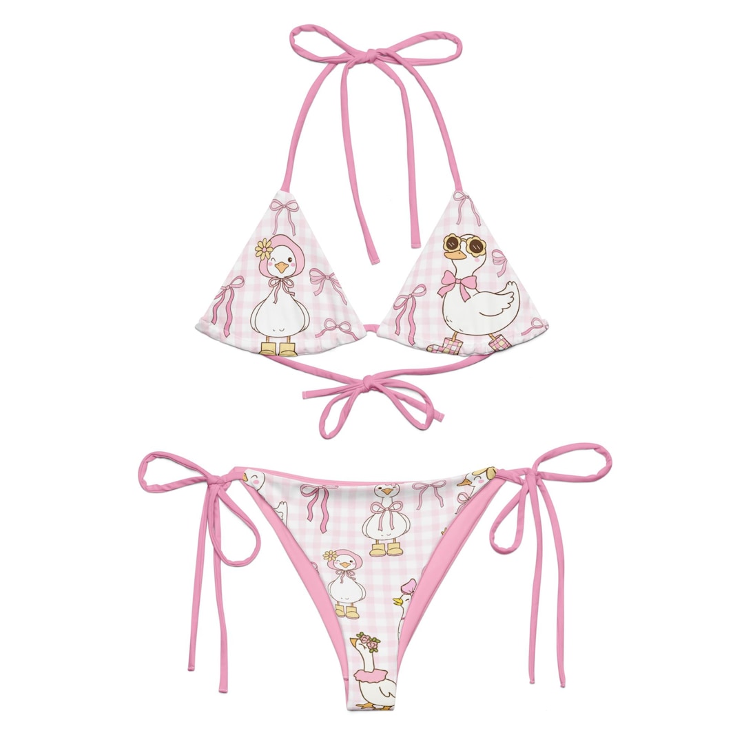 Goose Print Bikini Set, Kawaii Pink Gingham Swimsuit, Cottagecore ...