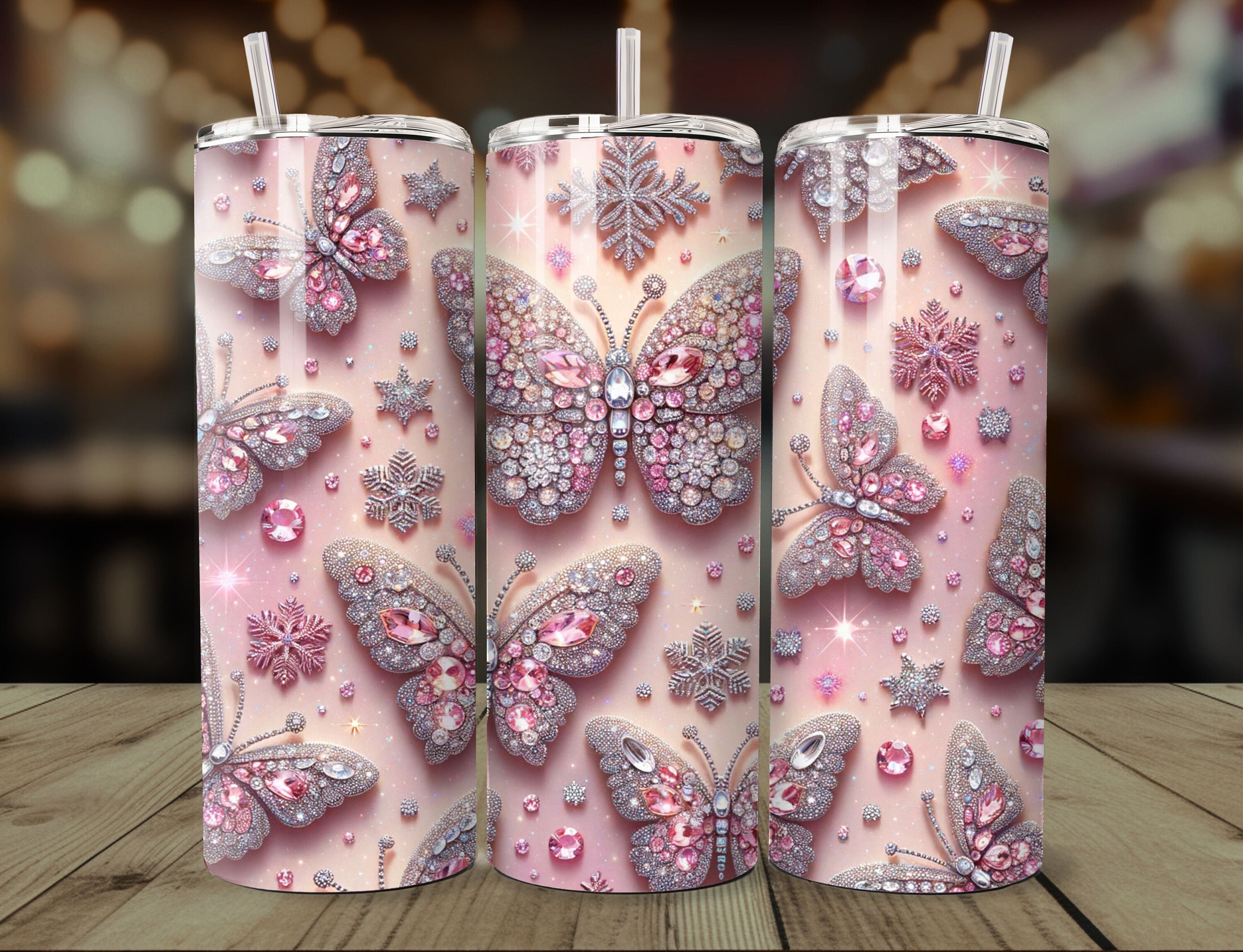 Pink Butterfly Tumbler Wrap, 3D Glitter Rhinestone Butterflies Pattern ...