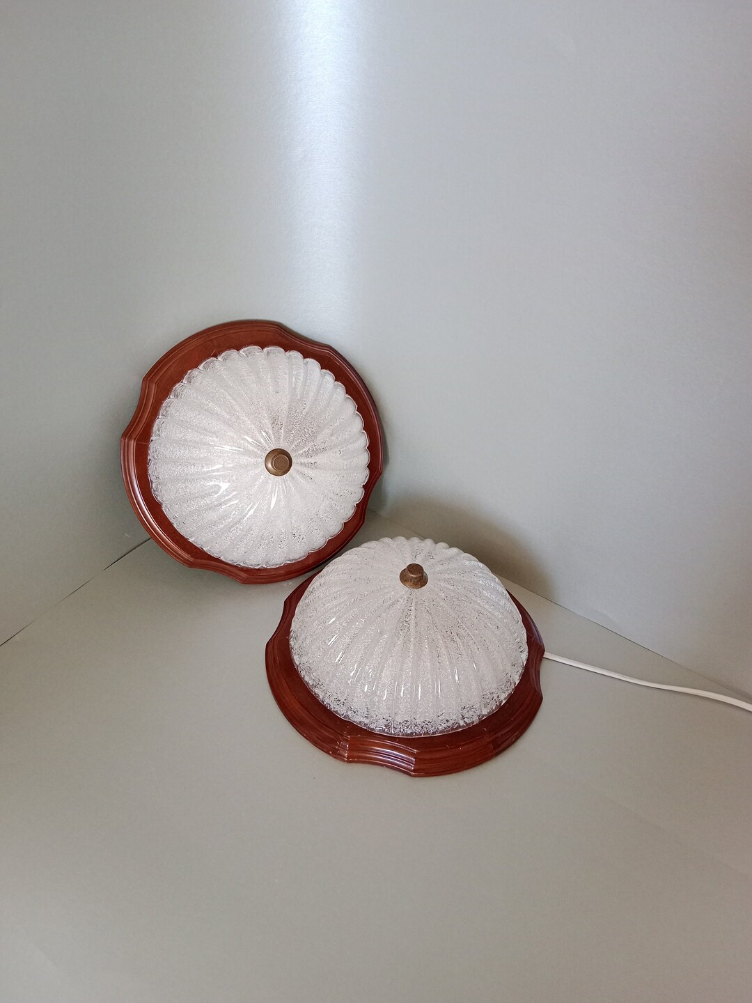 Set of Two Vintage Flush Mount Ceiling Lamp/vintage Wood Ice Glass ...