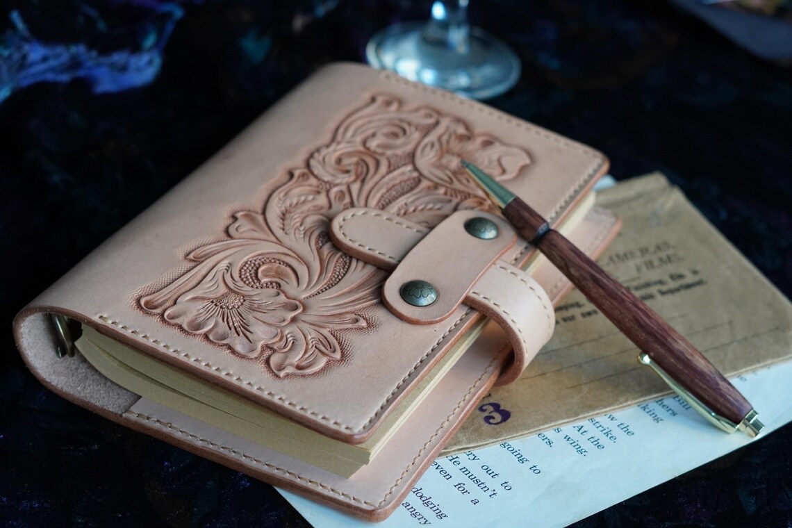 Handmade Leather Notebook Cover, Tooled Beige Leather, Artist Gift - Etsy