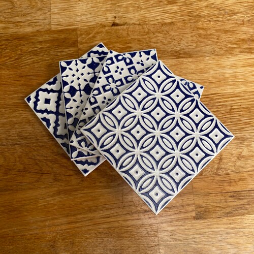Azure Blue Multi Pattern Ceramic Coaster Set of Five - Etsy