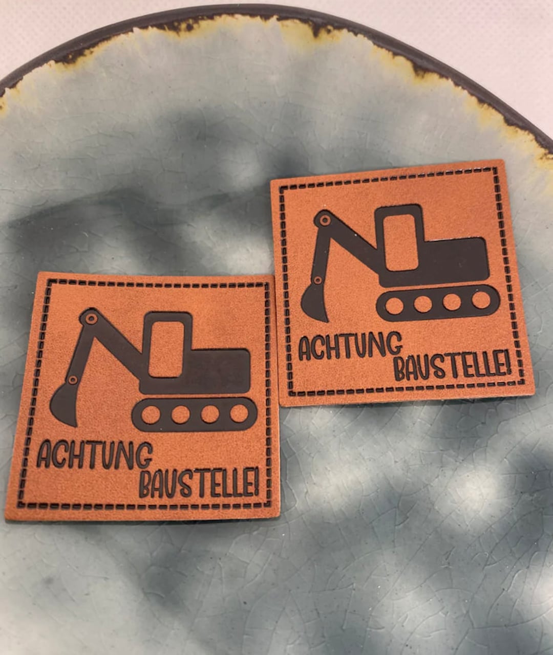 Attention Construction Site Excavator Artificial Leather Label Own ...