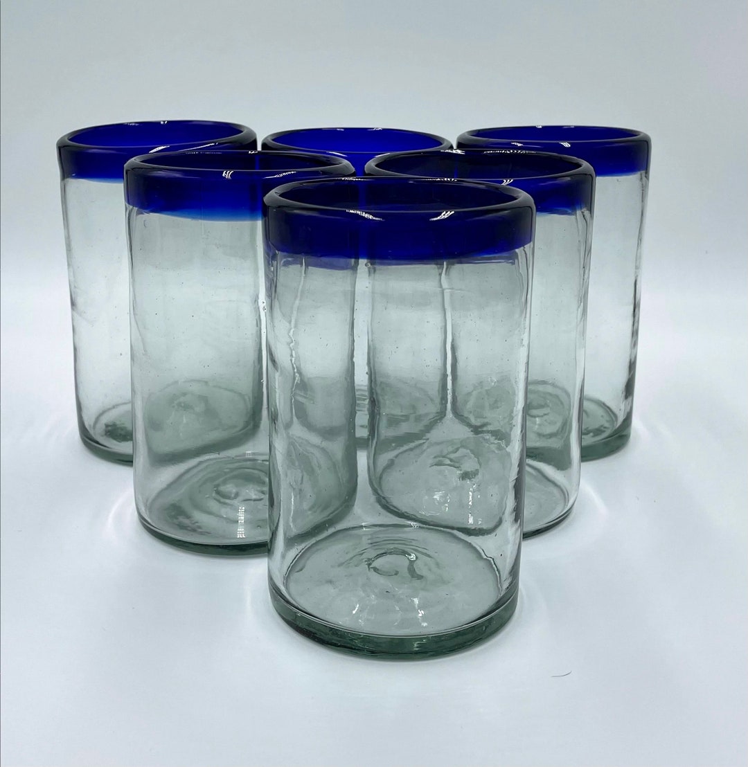 Hand Blown Mexican Glassware Blue Rim - Etsy
