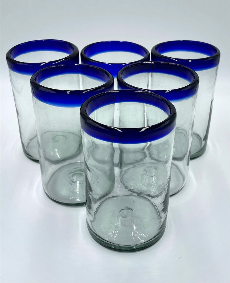 Hand Blown Mexican Glassware Blue Rim | Etsy