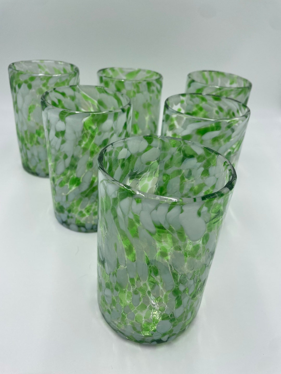 Hand Blown Mexican Glassware Green/white Tumbler Glass Set of 6 - Etsy