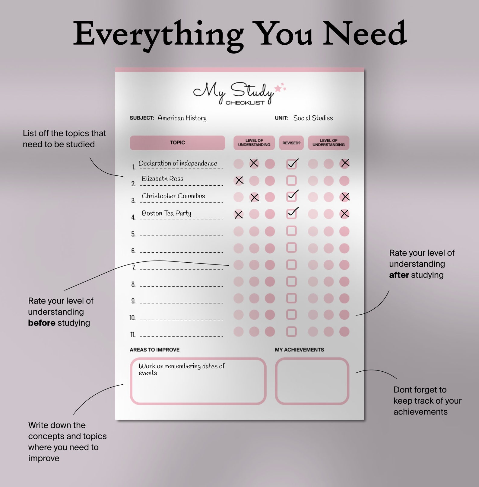Study Checklist, School Organizer, School To-do List, Printable List ...
