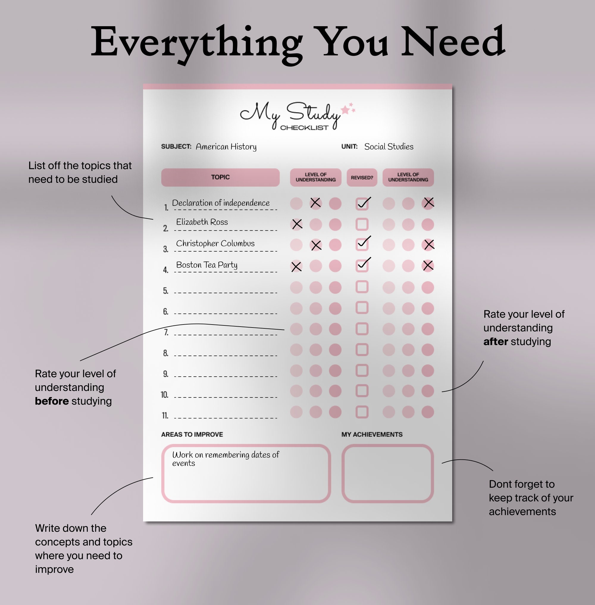 Study Checklist, School Organizer, School To-do List, Printable List ...