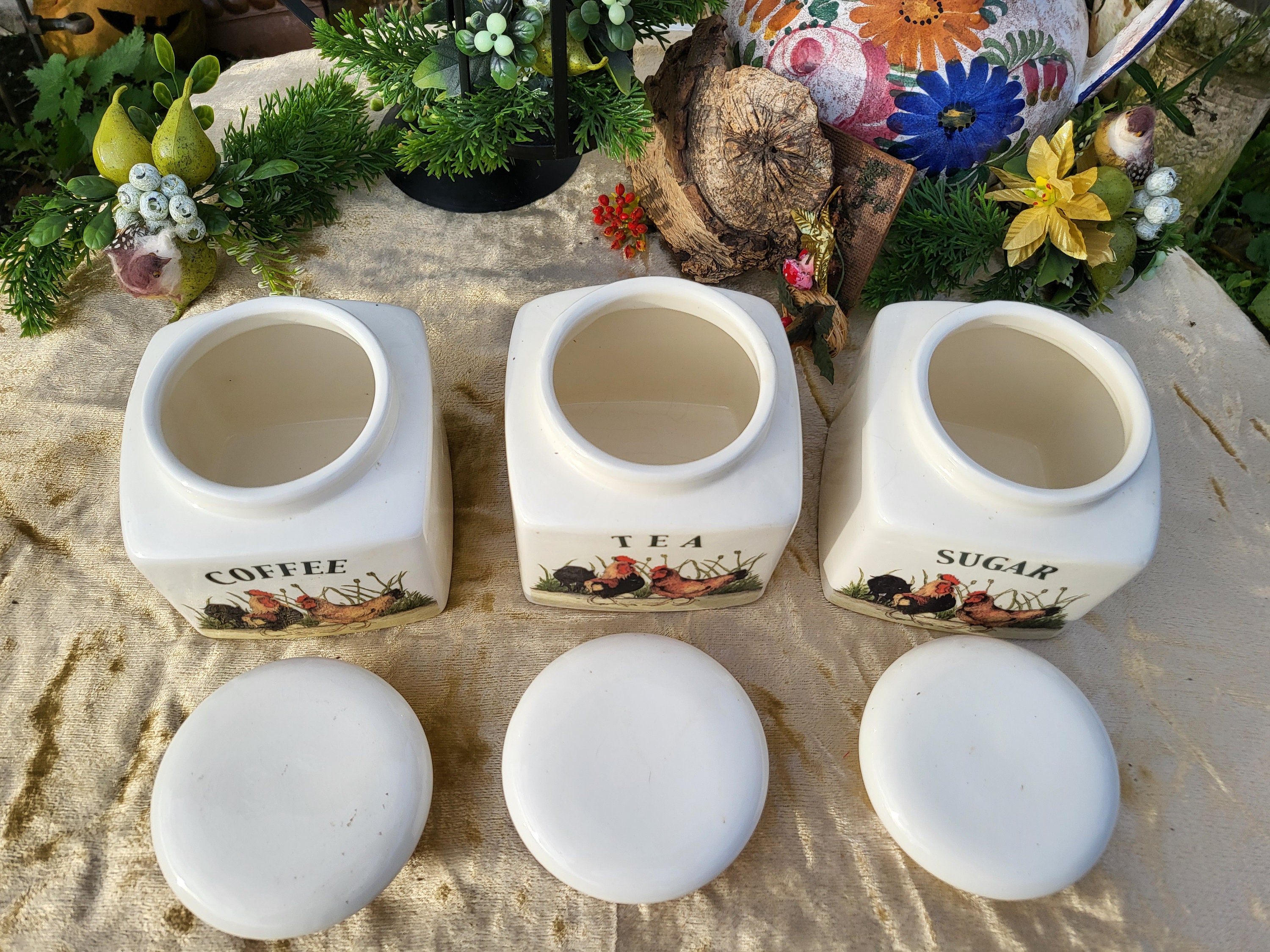 Leonardo Lifestyle Tea Coffee and Sugar Canisters, Farmyard Cockerell ...