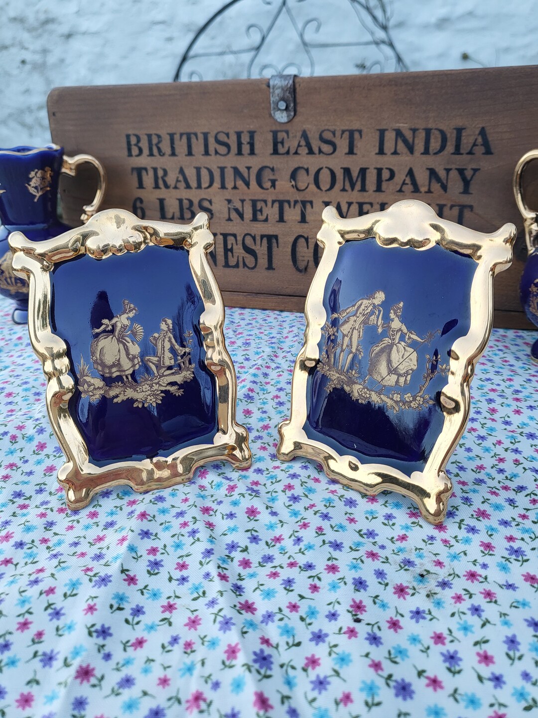 Lovely Pair of Vintage French Limoges Ceramic Frames. Navy and Gold Picture of a Romantic Couple ...