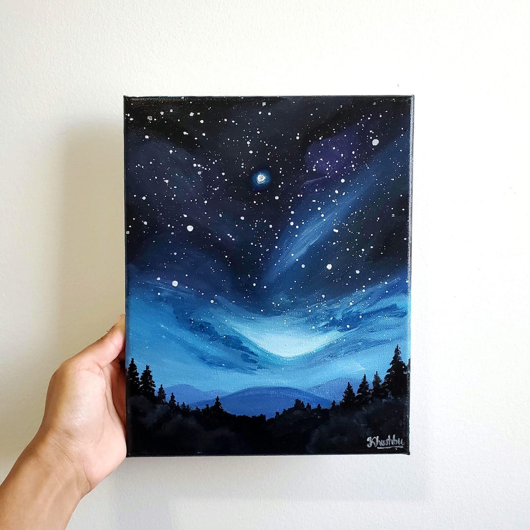 Starry Night Sky Scenery Painting, Original Handmade Acrylic Painting, Wall Decor Gift, Blue ...