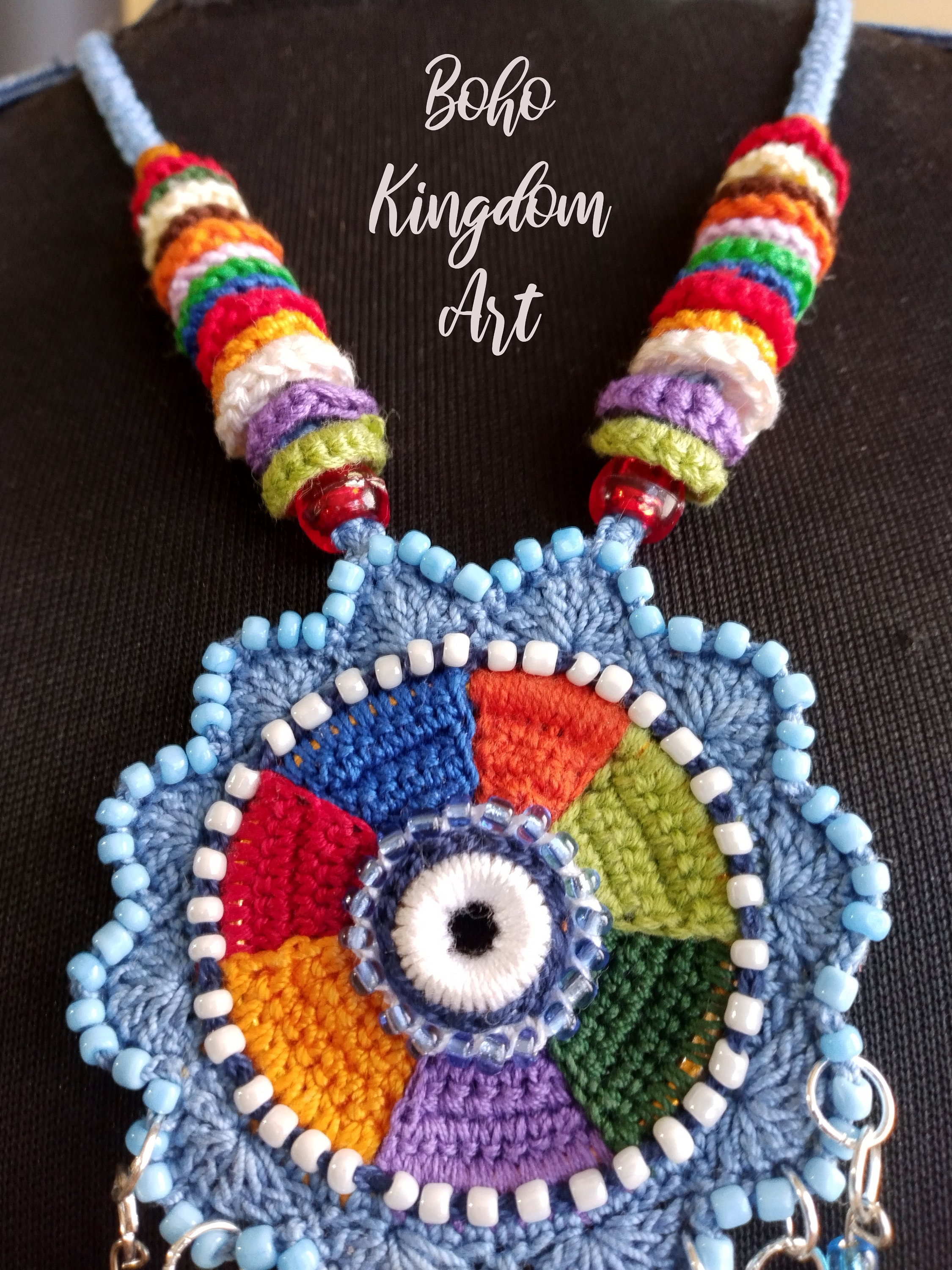 Crochet Beaded Necklace, Handmade Multicoloured Crochet Necklace, Boho ...