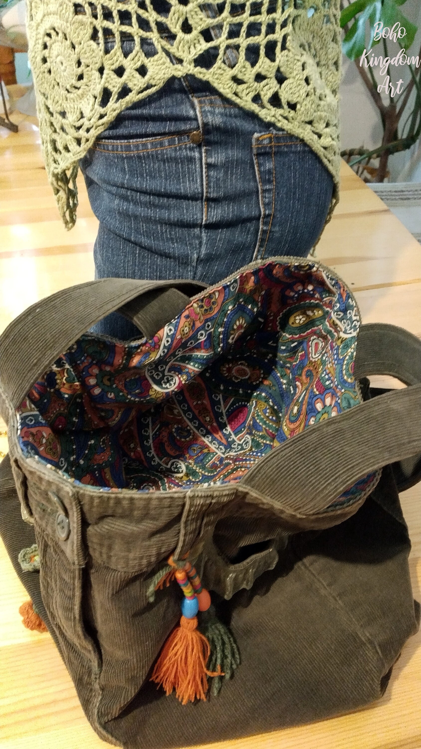 Handmade Upcycled Velvet Shoulder Bag: Green Boho Bag With Crochet ...