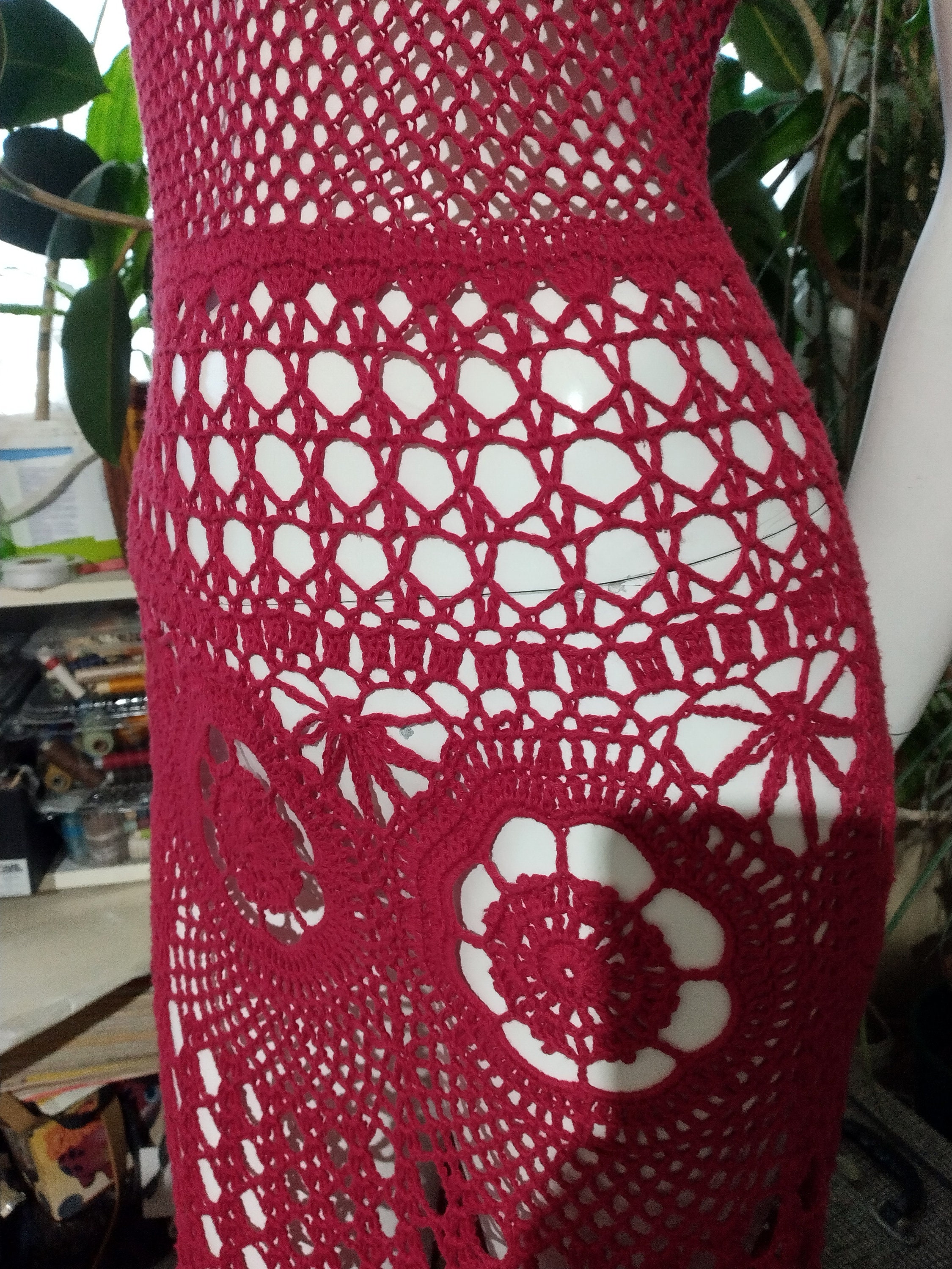 Crochet Wine Red Dress With Thin Straps , Beach Midi Dress, Handmade ...