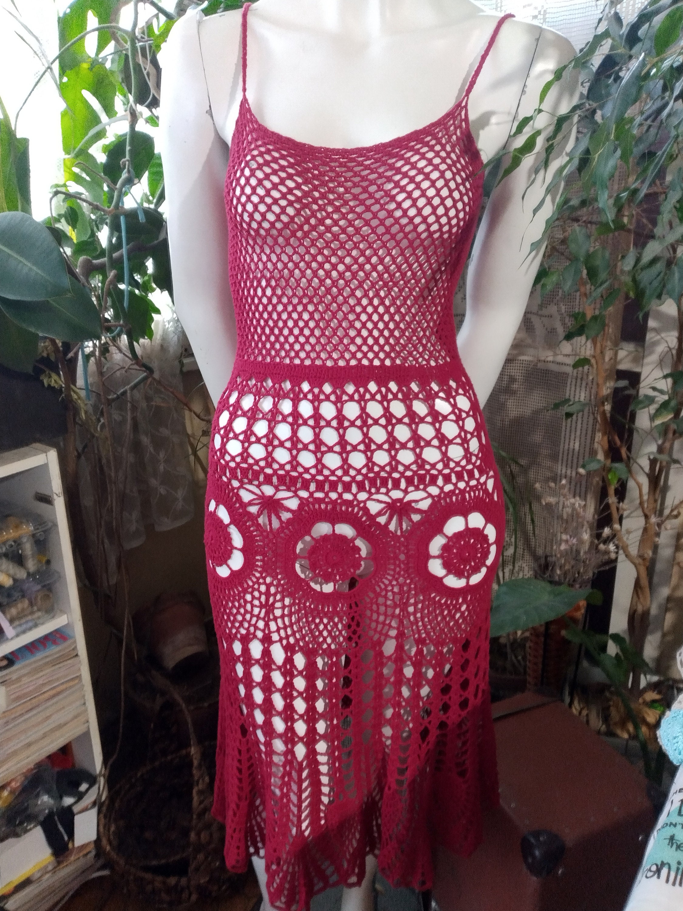 Crochet Wine Red Dress With Thin Straps Beach Midi Dress Handmade Dress Bohemian Dress