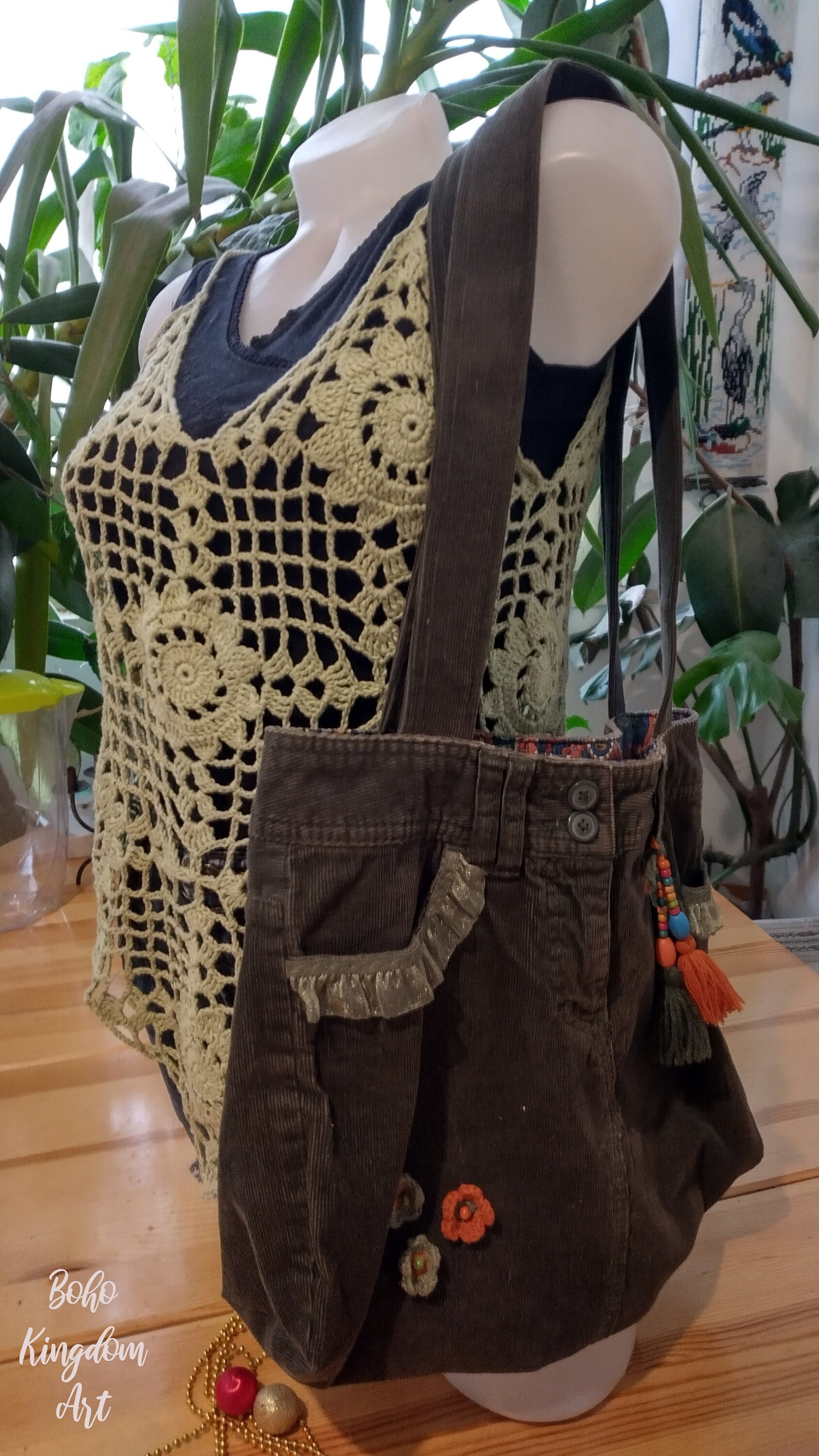 Handmade Upcycled Velvet Shoulder Bag: Green Boho Bag With Crochet ...