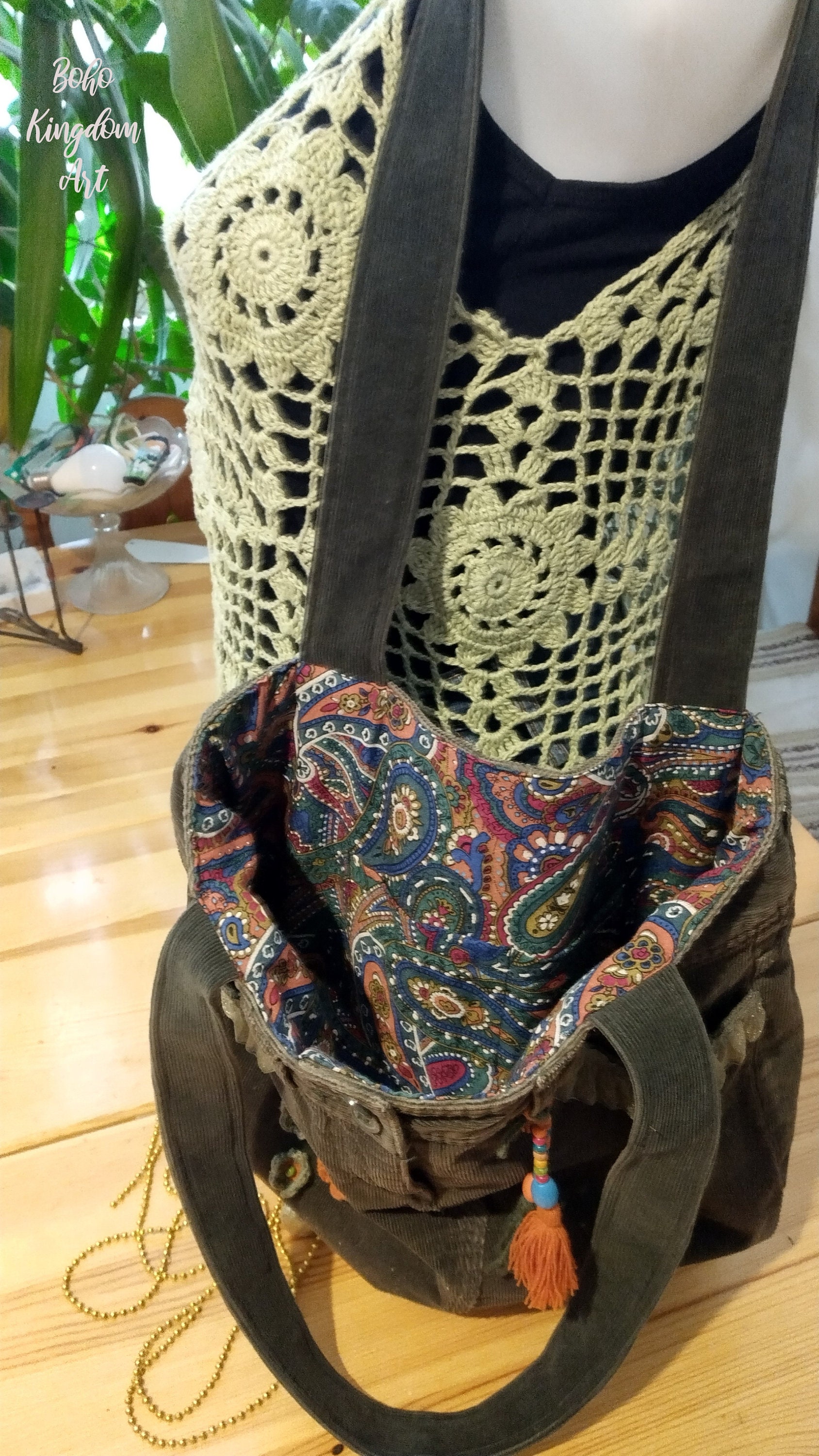 Handmade Upcycled Velvet Shoulder Bag: Green Boho Bag With Crochet ...