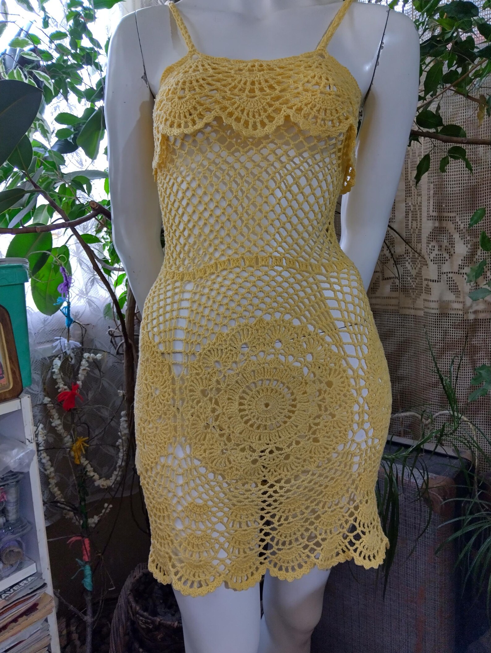 Crochet Handmade Mini Dress: Yellow Cotton Sleeveless Bohemian Lace - Etsy