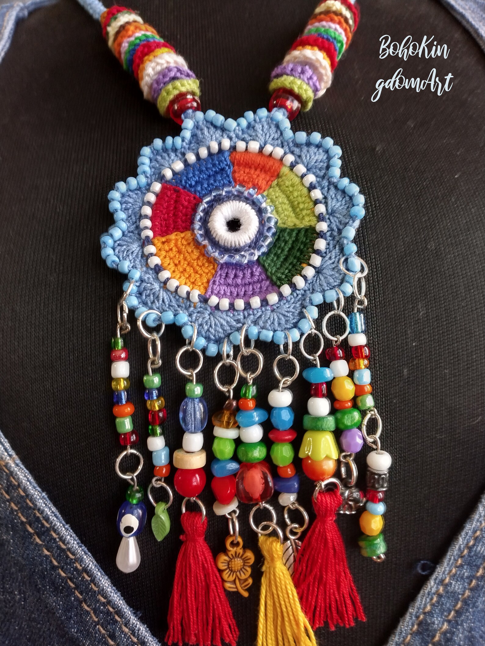 Crochet Beaded Necklace, Handmade Multicoloured Crochet Necklace, Boho ...