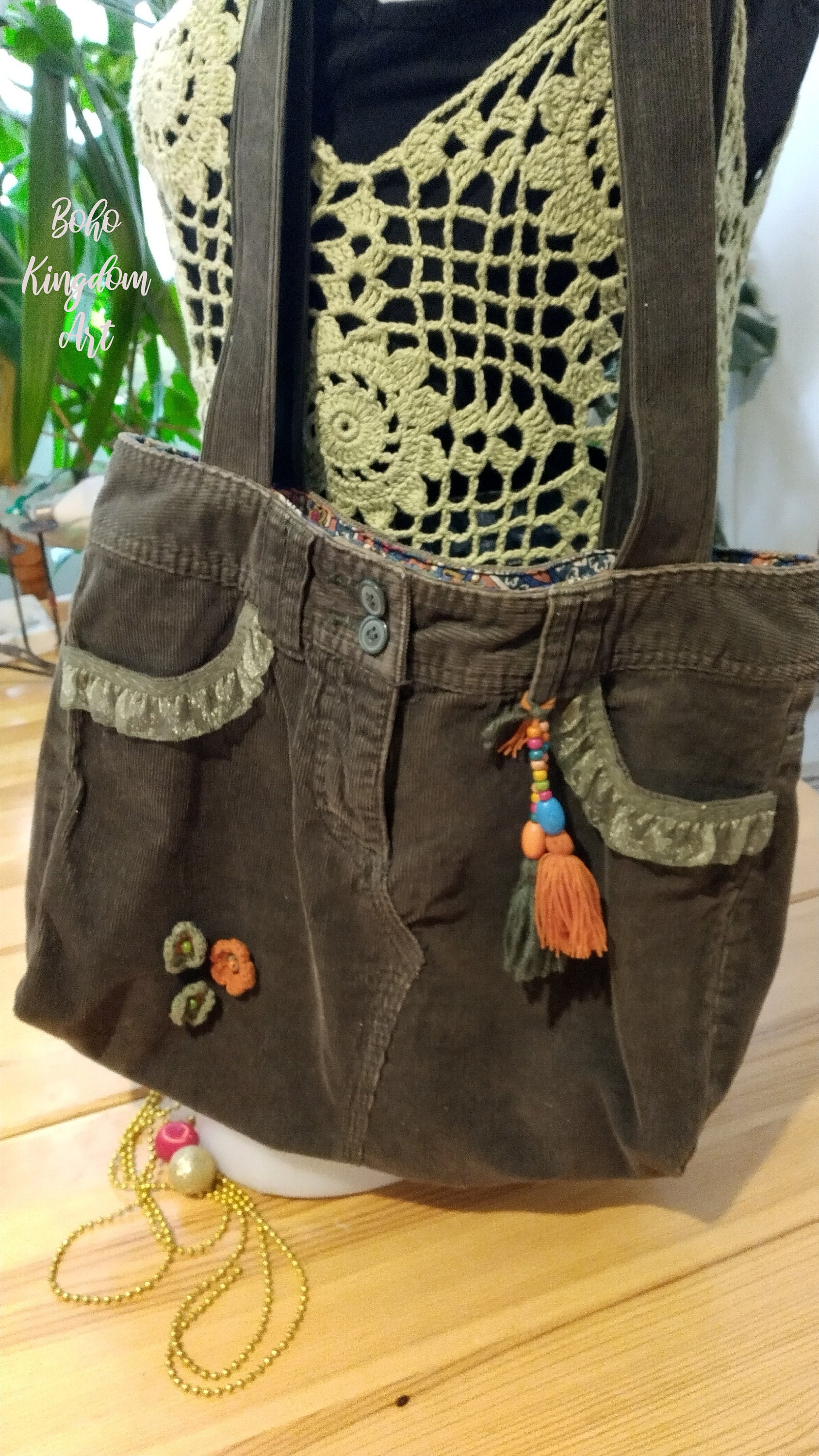 Handmade Upcycled Velvet Shoulder Bag: Green Boho Bag With Crochet ...