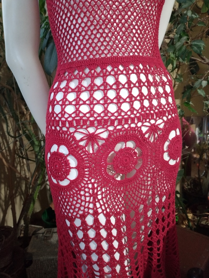 Crochet Wine Red Dress With Thin Straps , Beach Midi Dress, Handmade ...
