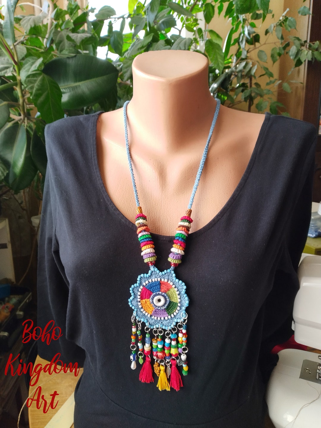 Crochet Beaded Necklace, Handmade Multicoloured Crochet Necklace, Boho ...