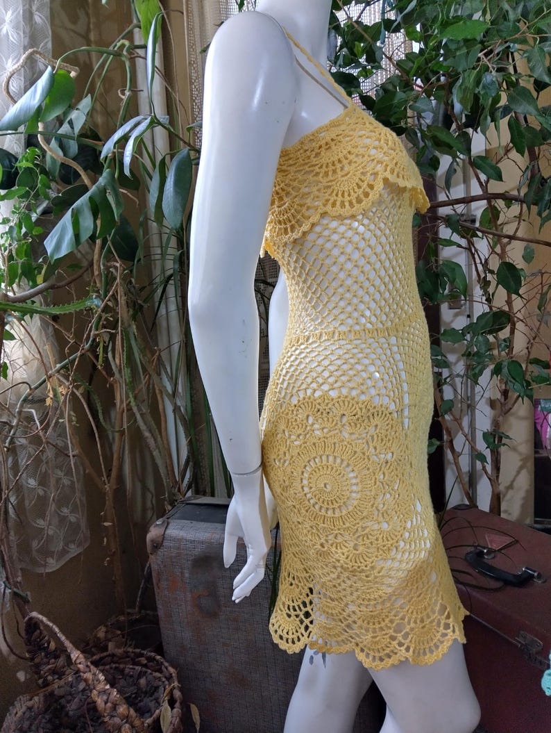 Crochet Handmade Mini Dress: Yellow Cotton Sleeveless Bohemian Lace - Etsy