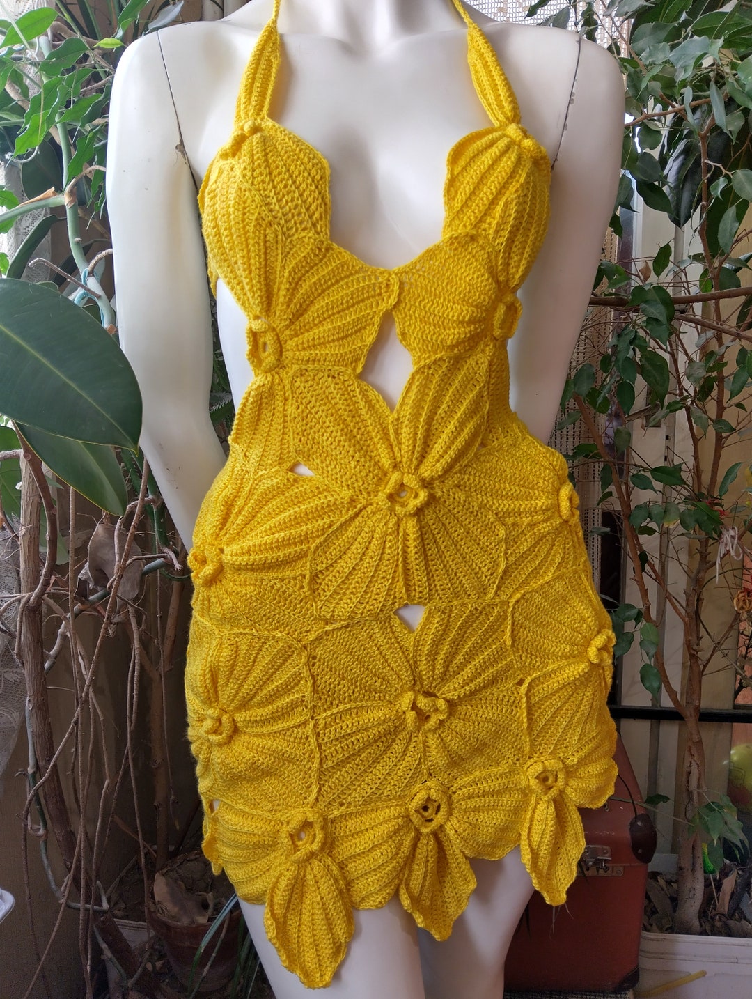 Crochet Bright Yellow Dress With Thin Straps , Beach Mini Dress ...