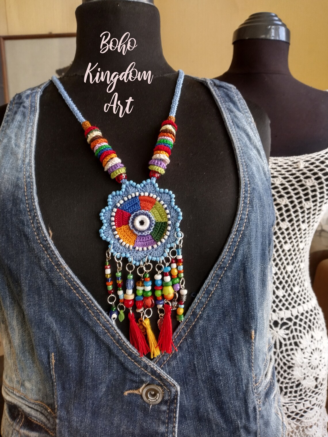 Crochet Beaded Necklace, Handmade Multicoloured Crochet Necklace, Boho ...