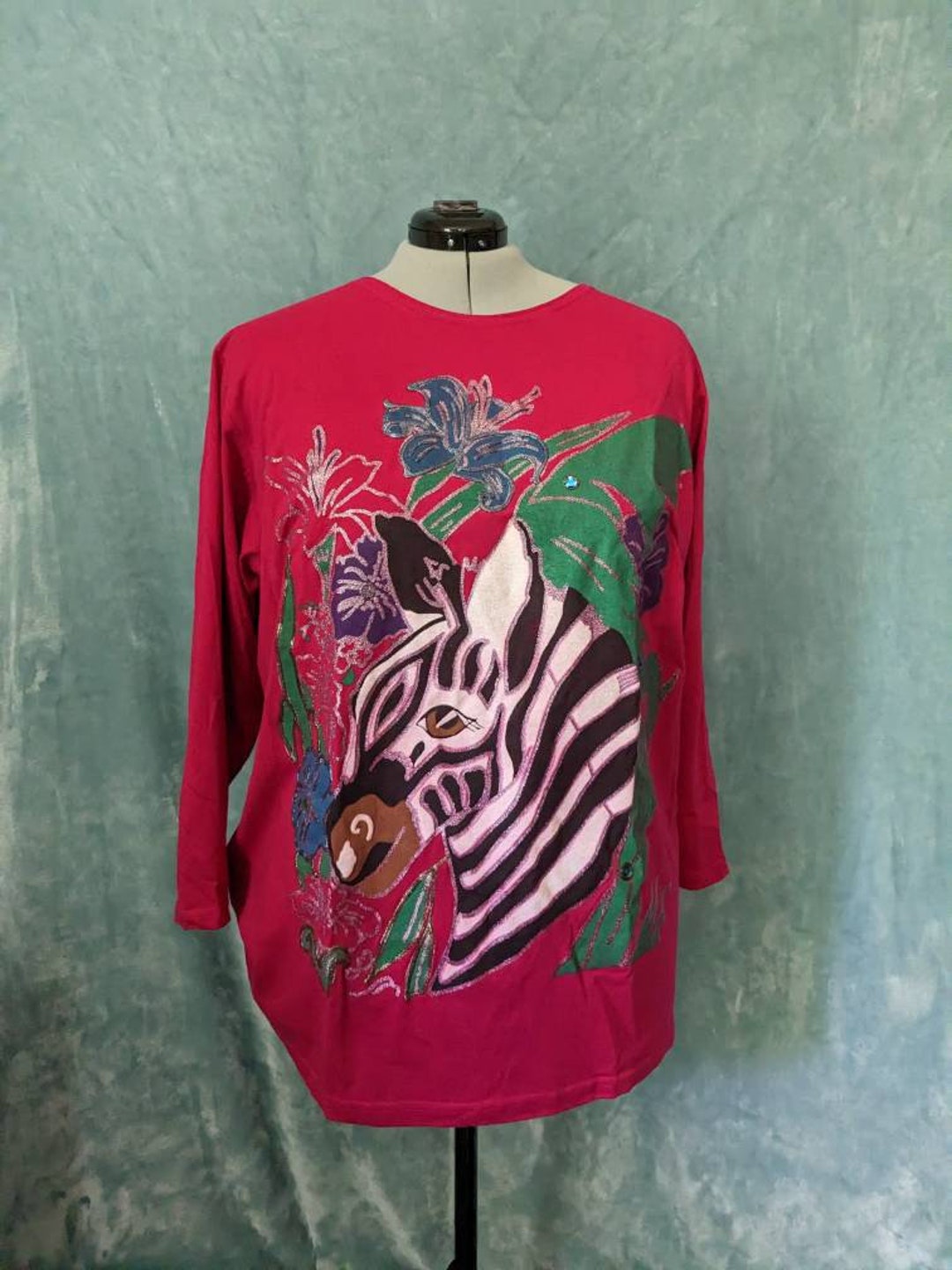 Plus Size / Bust 56 / Vintage 80s 90s Pink Zebra Glitter Paint ...