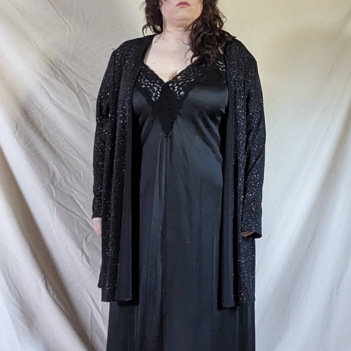 Plus Size Vintage Delta Burke Black Sparkle Duster Coverup Open Fit ...