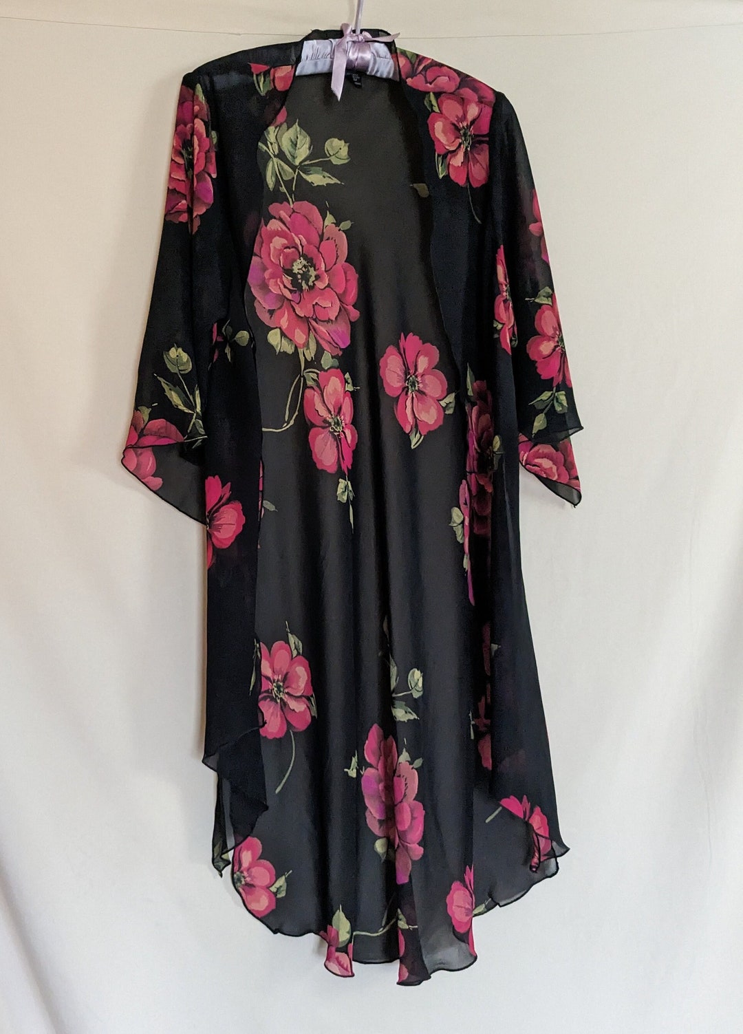 Plus Size Vintage 00s Black Floral Duster Coverup Open Fit / Mid Size L ...