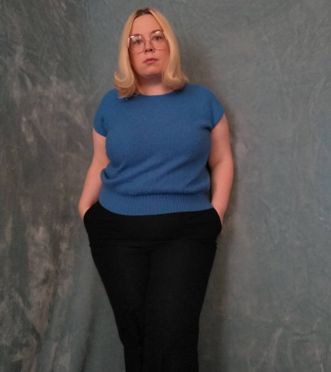 Plus Size / Bust 52 / Waist 34+// Vintage 1980s Nubby Knit Blue Open ...