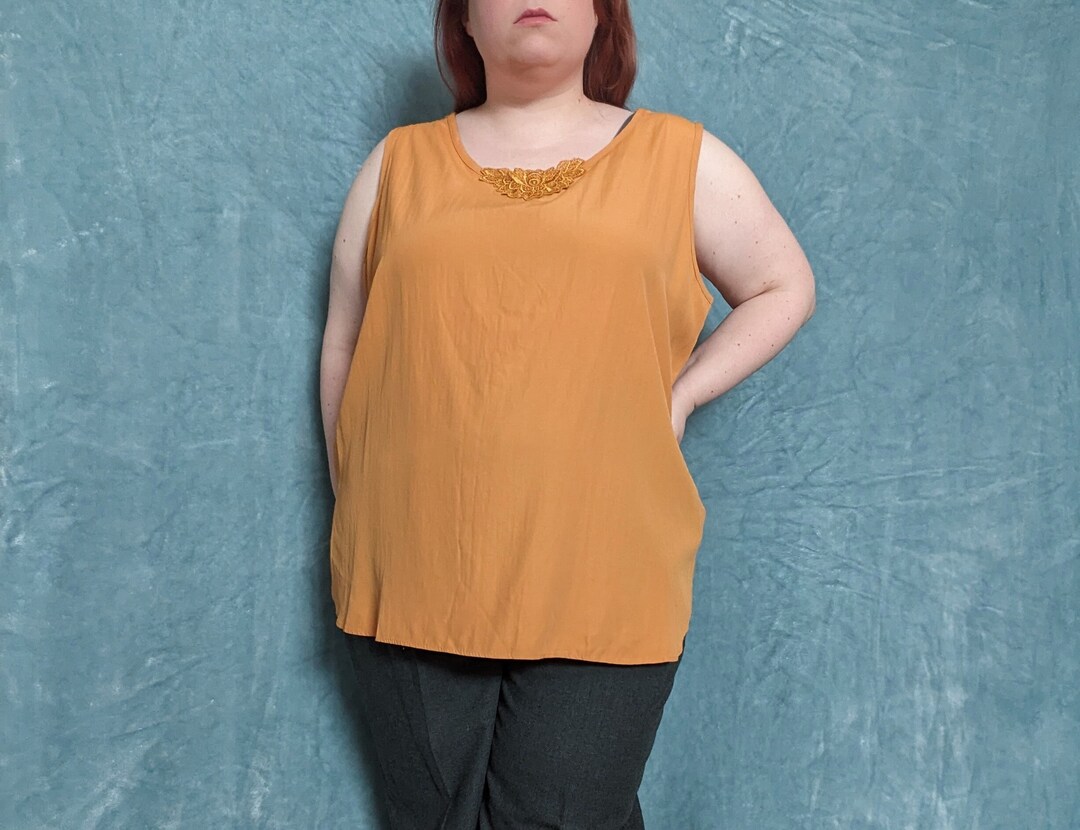 Plus Size / Bust 54" / Vintage 80s Mustard Yellow Lace Accent Camisole ...