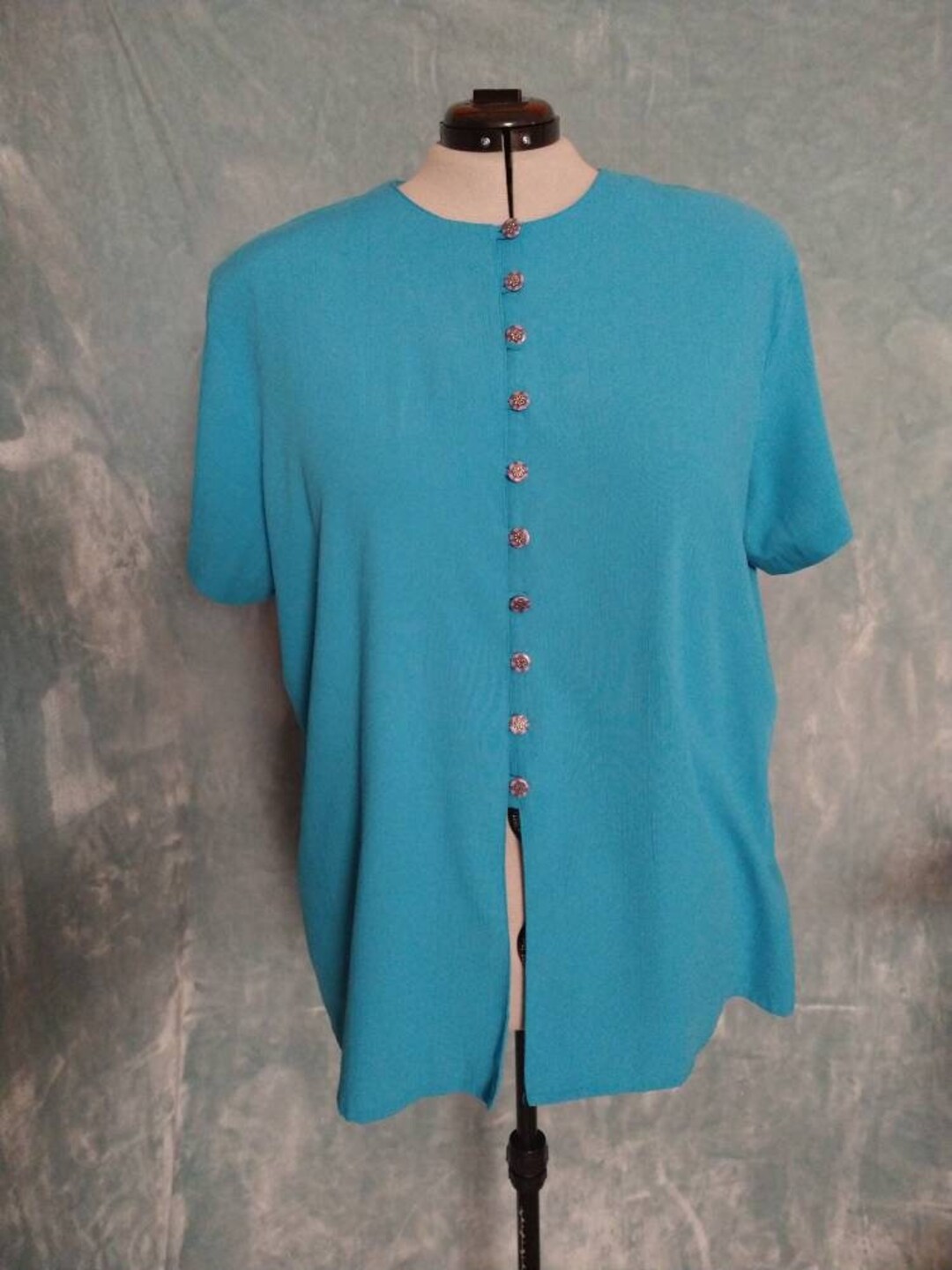 Plus Size / Bust 56 / Waist 59 // Vintage 90s Turquoise Blue Flower ...