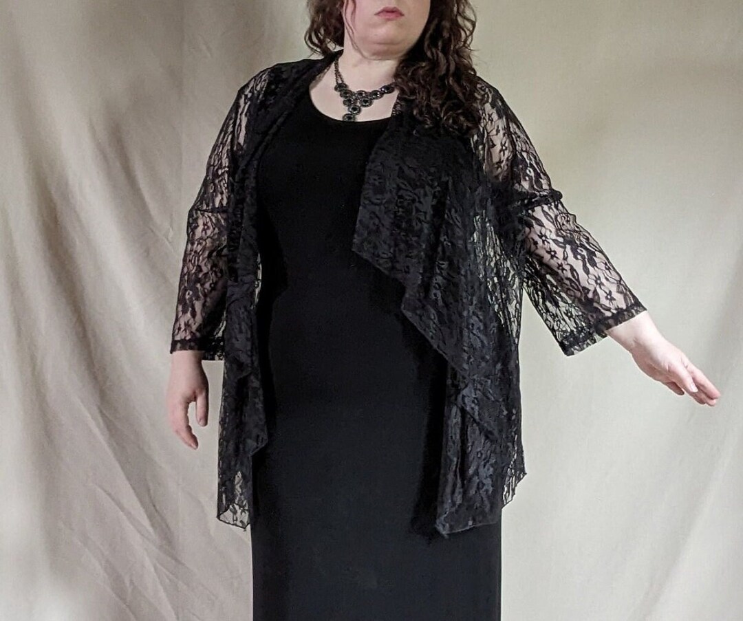 Plus Size 00s Black Sheer Lace Ruffle Duster Coverup Open Fit by Slinky ...
