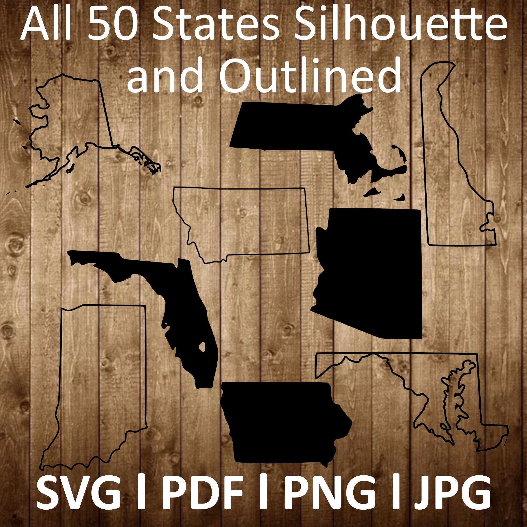 50 States Silhouette and Outline Bundle Use in Design Space, Silhouette ...