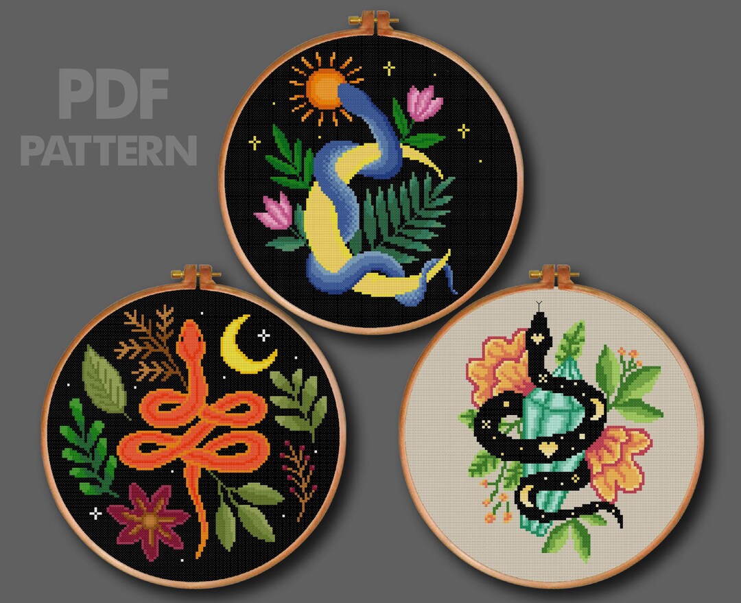 Snake Set Cross Stitch Pattern Snake Flower Cross Stitch Snake Luna ...