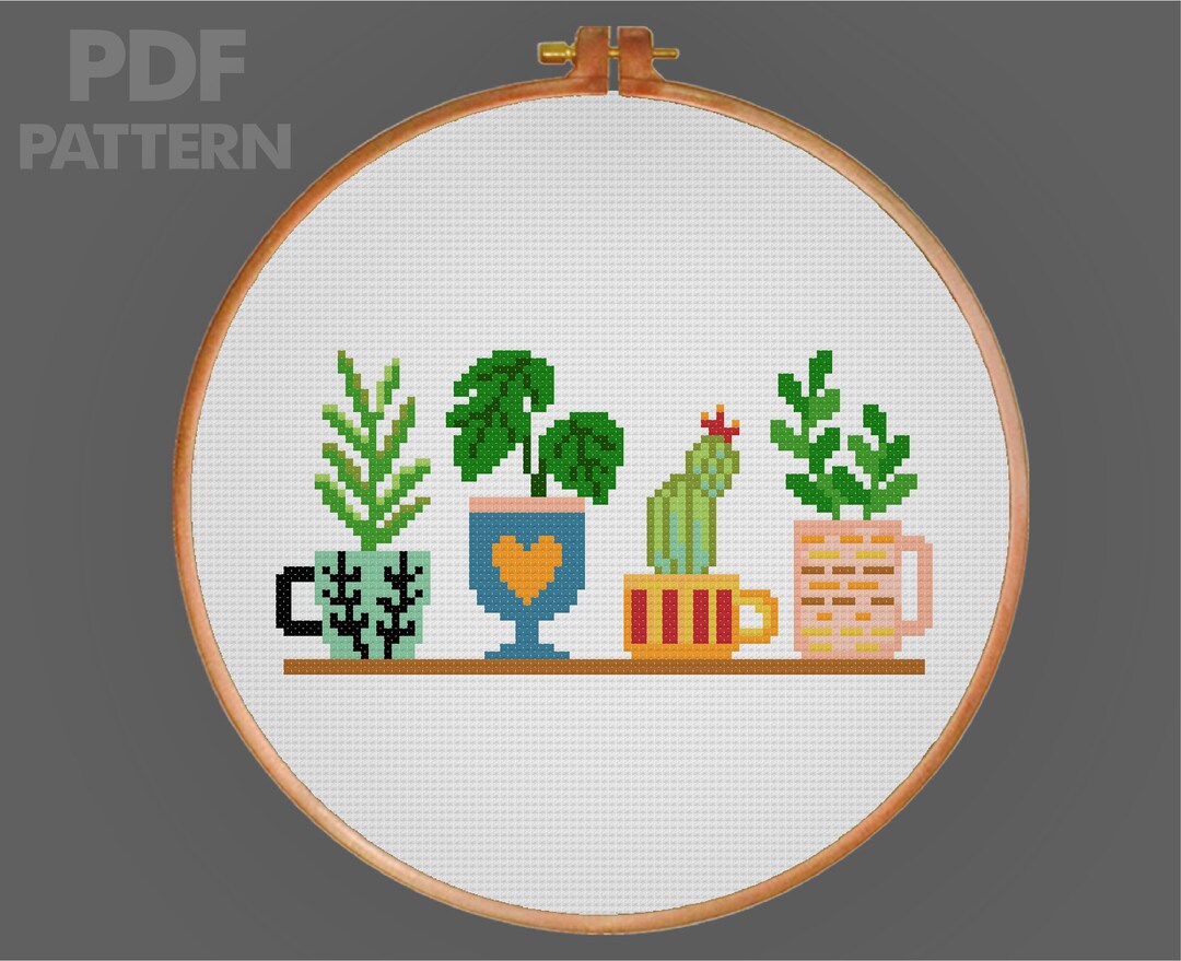 Green Plants Cross Stitch Pattern Cute Potted Plant Cross Stitch Home ...
