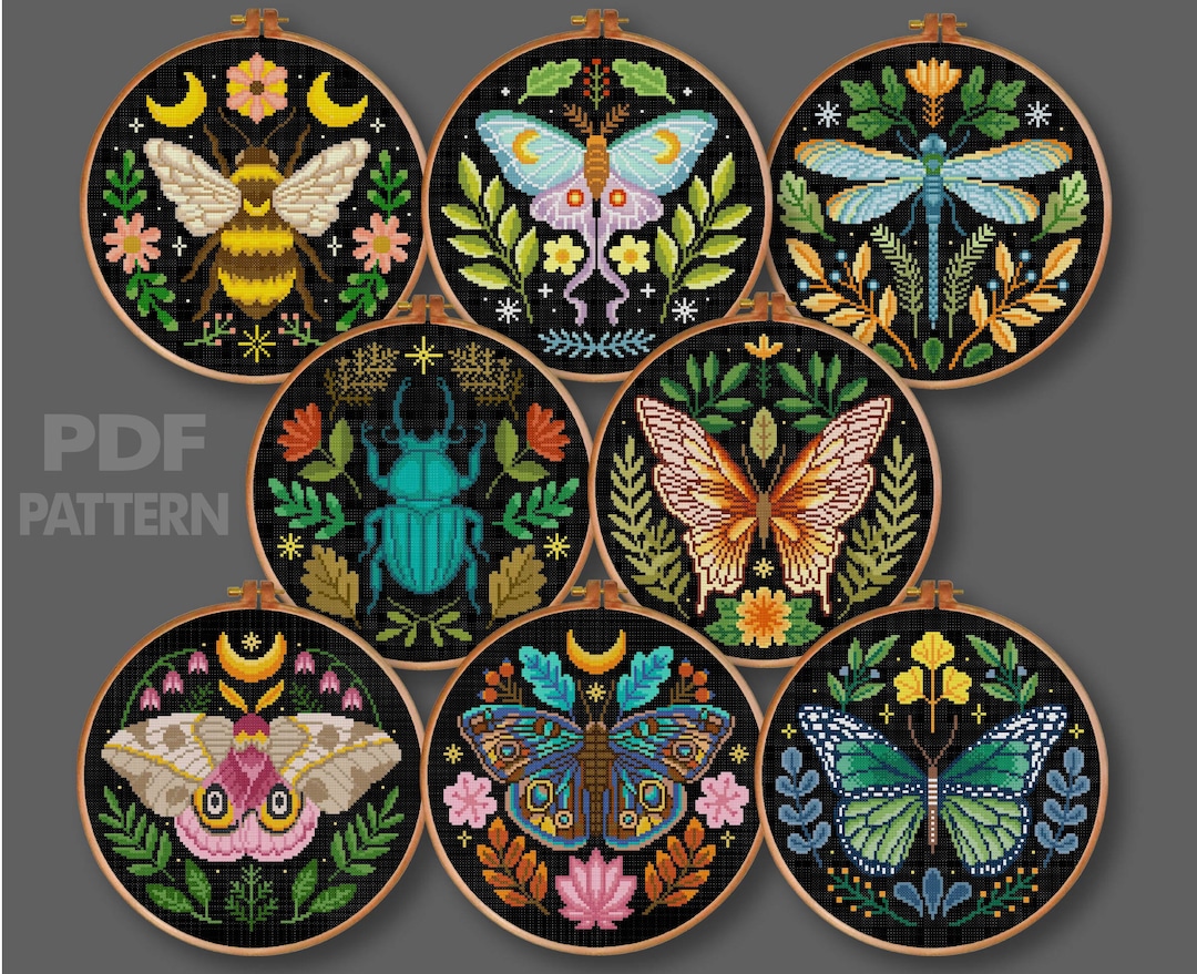 Flower Insects Cross Stitch Set Flower Moth Cross Stitch Stag Beetle ...
