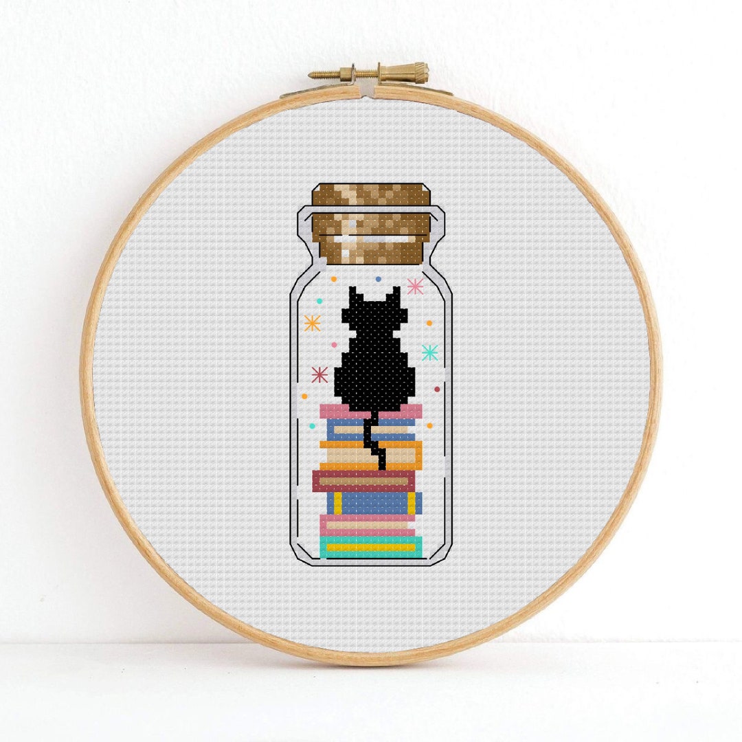 Cat and Books Cross Stitch Bottle Cross Stitch Pattern Cat - Etsy