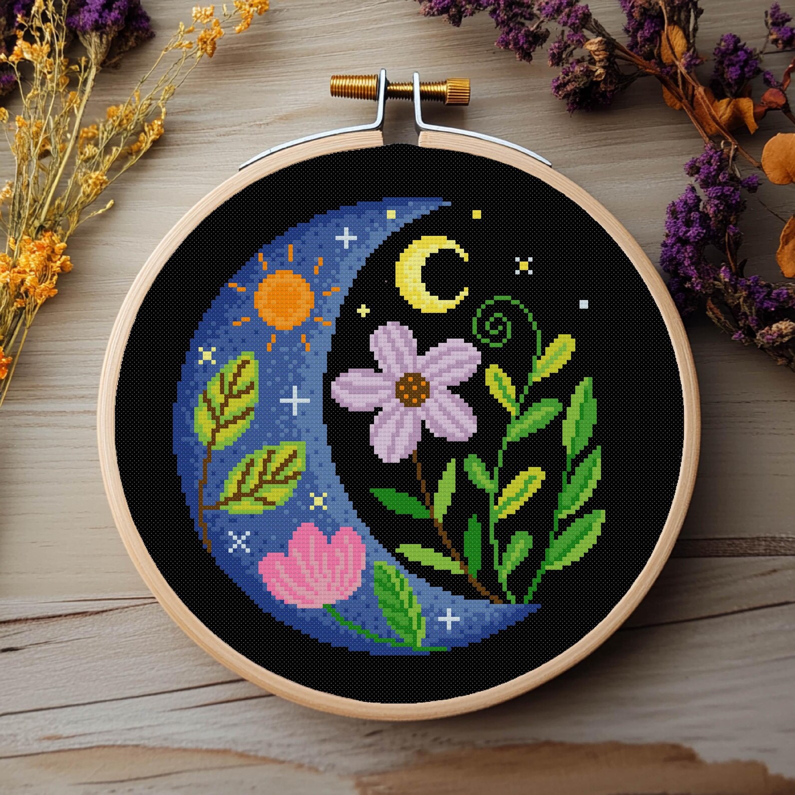Moon and Sun Cross Stitch Pattern Sun Cross Stitch Flower Cross Stitch ...