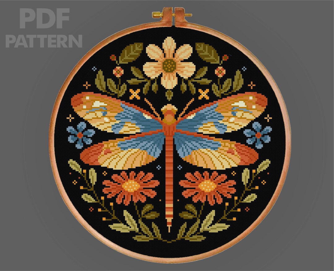 Dragonfly Flower Cross Stitch Pattern Dragonfly Cross Stitch Pattern ...
