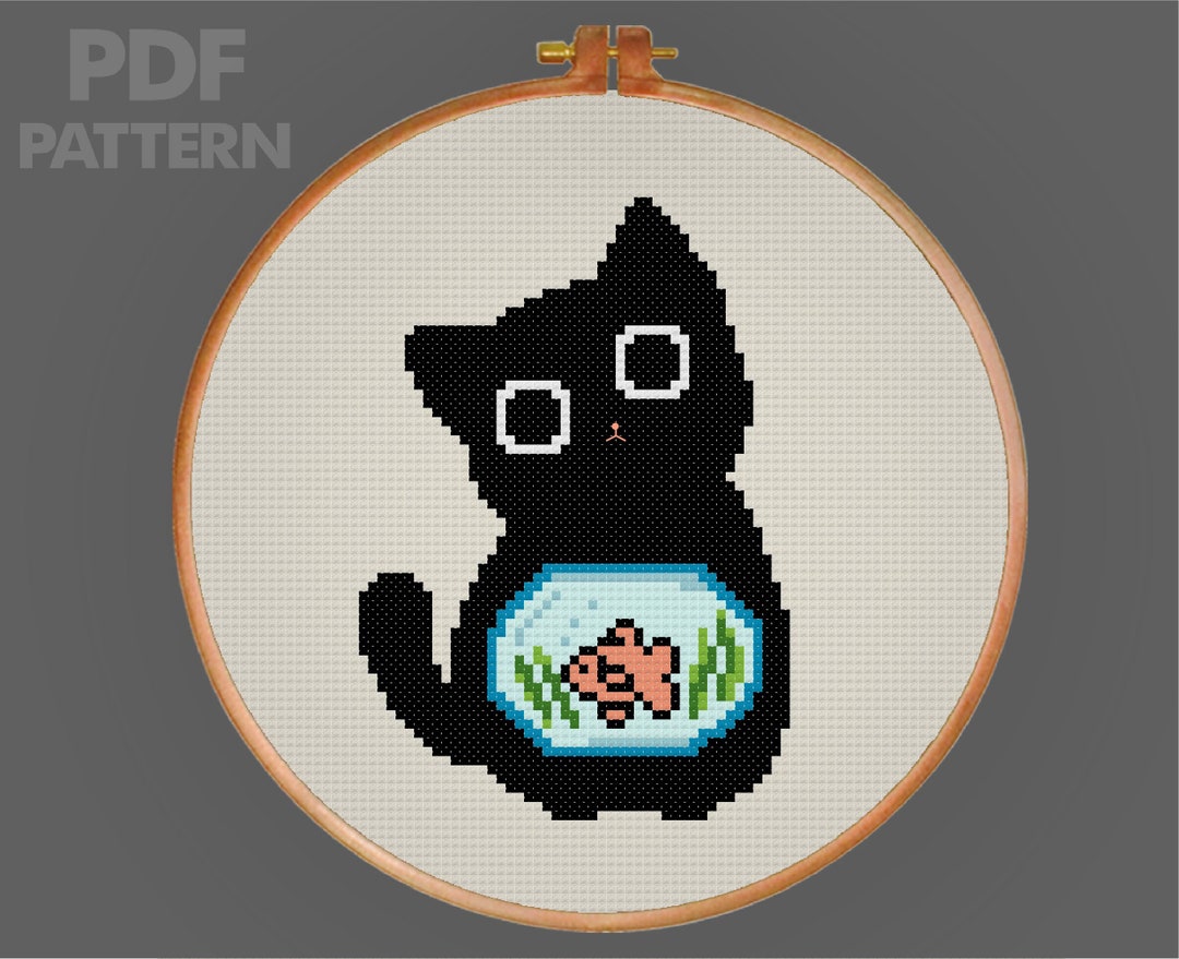 Cat and Fish Cross Stitch Pattern Black Cat Cross Stitch PDF Pattern ...