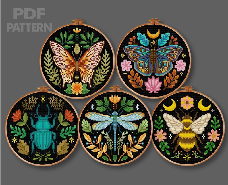 Flower Insects Cross Stitch Set Flower Moth Cross Stitch Stag Beetle ...