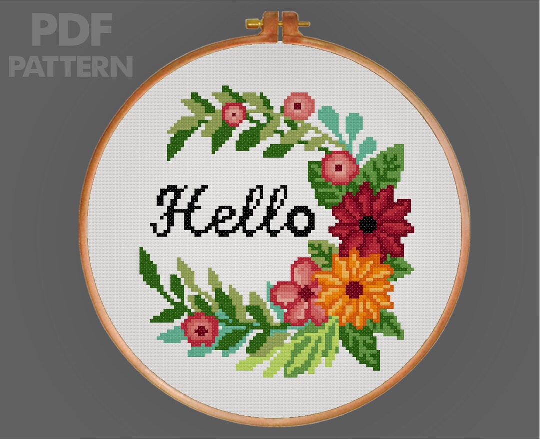 Hello Cross Stitch Pattern Flower Wreath Cross Stitch Modern Cross ...