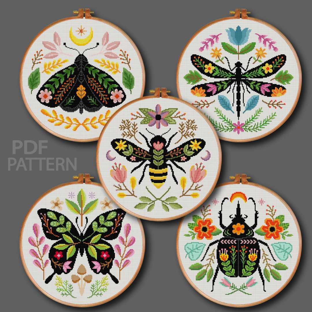 Flower Insects Cross Stitch Set Stag Beetle Cross Stitch Bee Cross ...