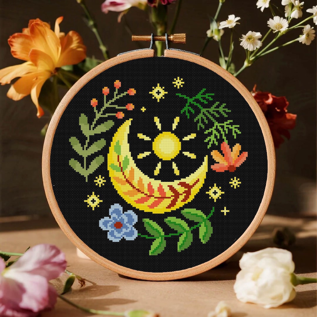 Moon and Sun Cross Stitch Pattern Sun Cross Stitch Flower Cross Stitch ...